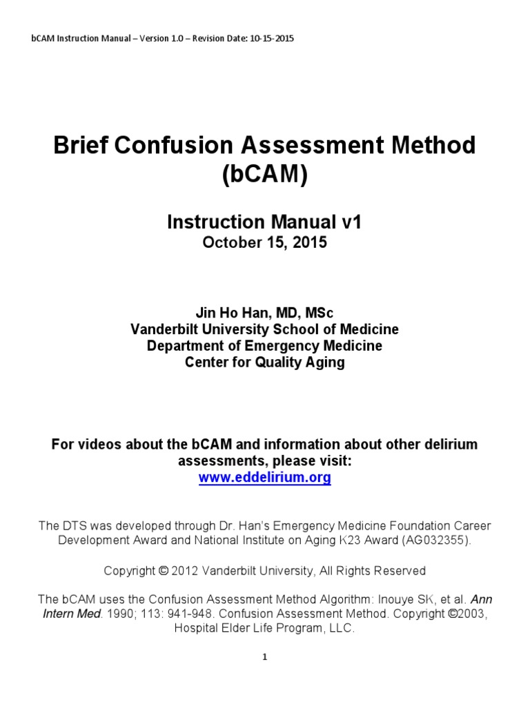 Brief Confusion Assessment Method (bCAM) : Instruction Manual v1 | PDF ...