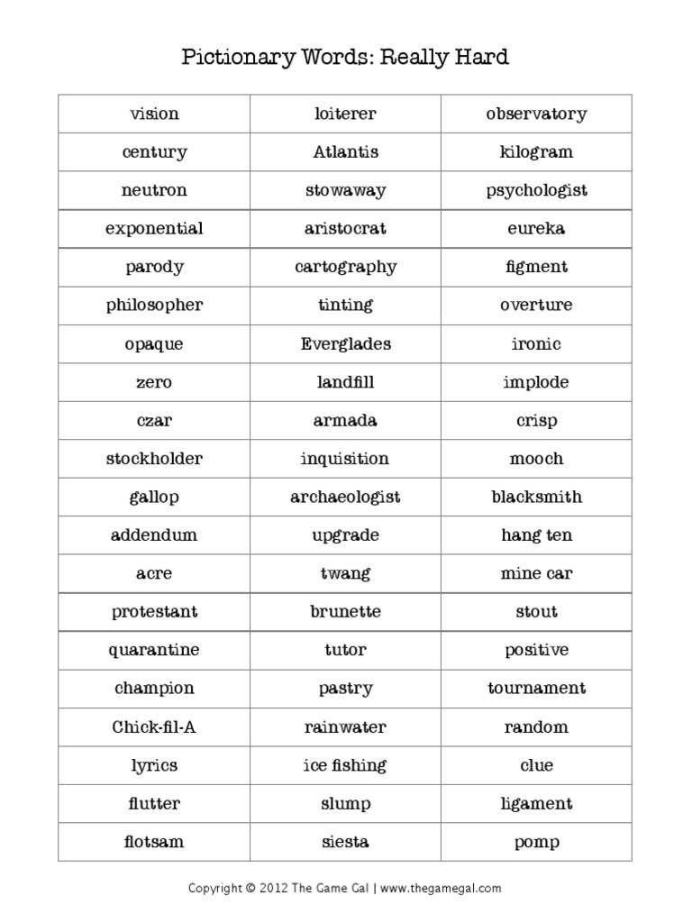 Pictionary Word List For Adults