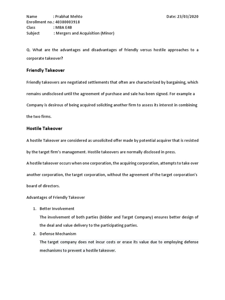Friendly vs Hostile Takeovers Explained | PDF | Takeover | Mergers And ...