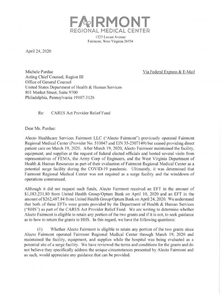 Fairmont Regional Medical Center HHS Letter | PDF