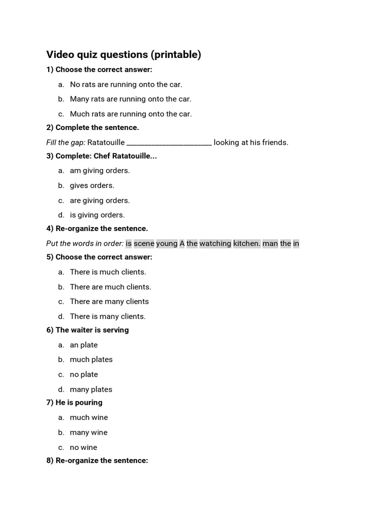 Video Quiz Questions (Printable) : 1) Choose The Correct Answer | PDF
