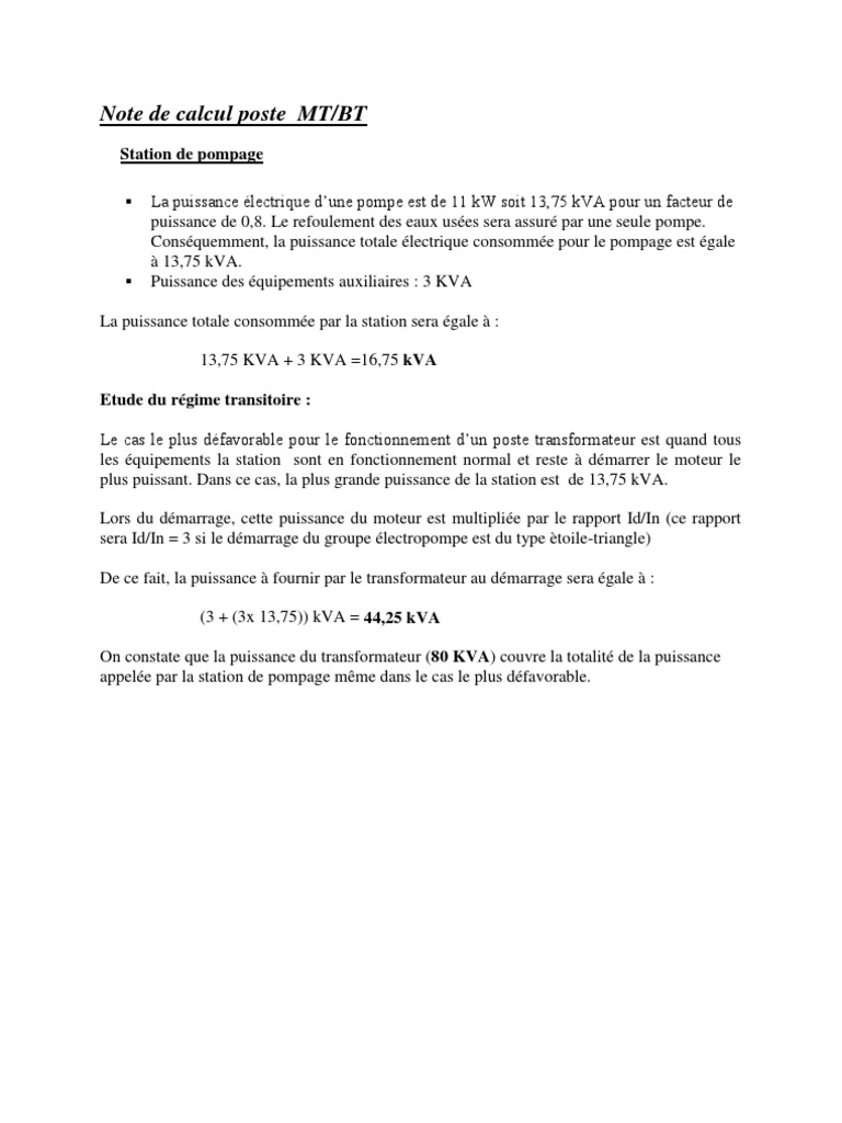 Note de Calcul Poste MT-BT | PDF