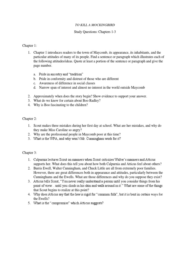 TKAM Study Questions - Character Chart Ch. 1-3 | PDF | To Kill A ...