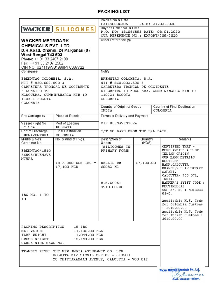 ENNTAG - COLOMBIA - BELSIL DM 60082 M2 - 17100 Kgs - Al - DFGD | PDF | Trade | Private Law