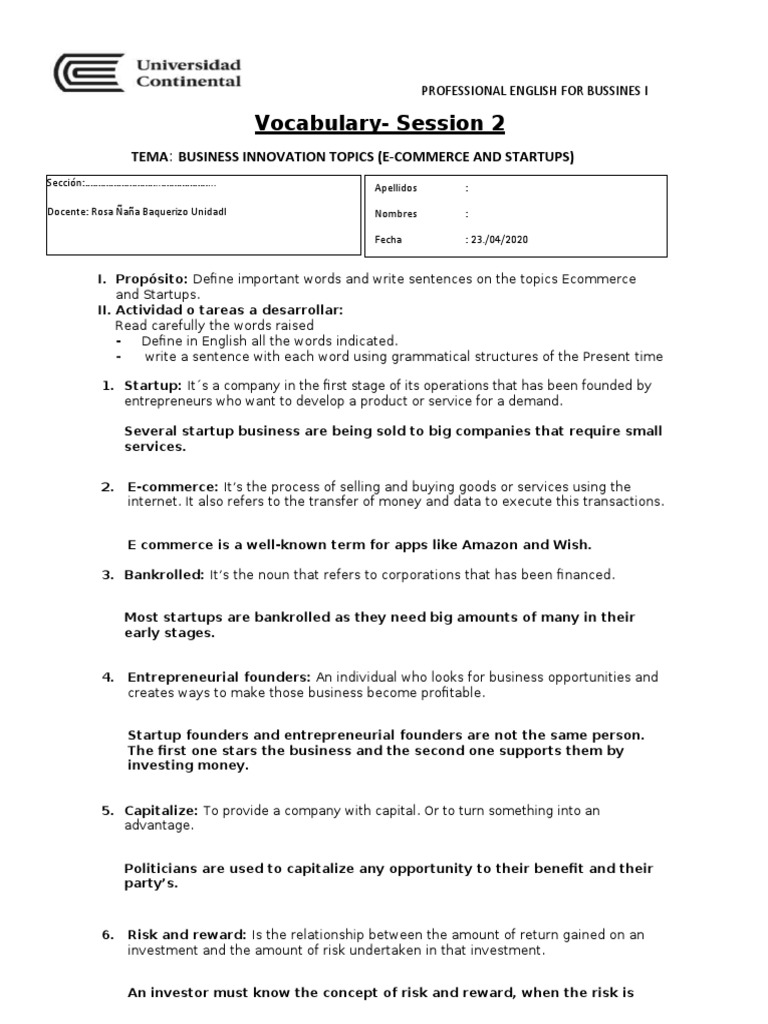 Vocabulary Activity-E-Commerce and Startups-20202-10 | PDF | Startup ...