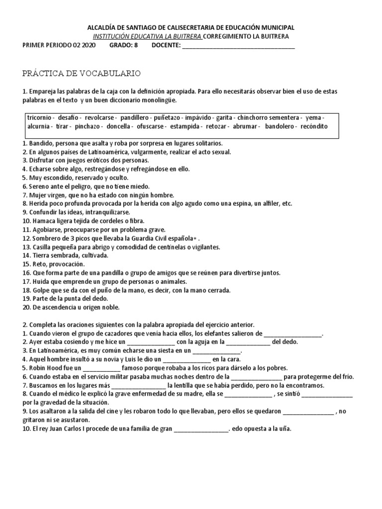 Practica de Vocabulario Grado Octavo 2020 | PDF | Violencia
