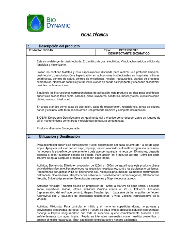 Ficha Técnica de Biosan Desinfectante | PDF | Detergente | Agua
