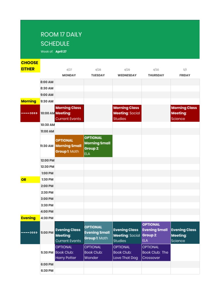 Room 17 Weekly Class Schedule | PDF