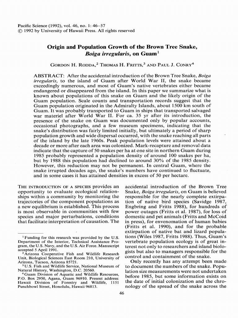 Origin and Population Growth of The Brown Tree Snake, On Guam! | PDF ...
