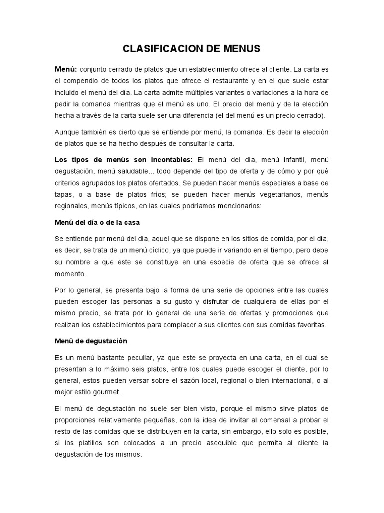 Clasificacion de Menus | PDF | Menú | Oferta (economía)