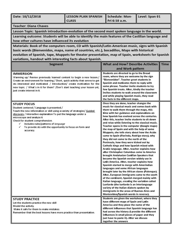 Spanish 1 Lesson Plan Overview | PDF | Spanish Language | Teachers