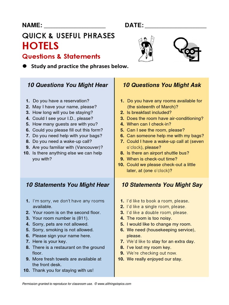 Hotels: Quick & Useful Phrases | PDF