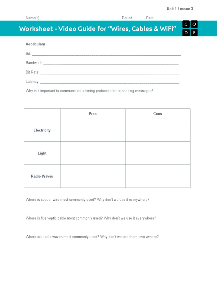 U1L03 Worksheet - Video Guide For - Wires, Cables & WiFi | PDF
