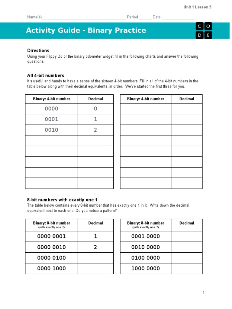 Binary Practice Activity Guide | PDF | Decimal | Bit