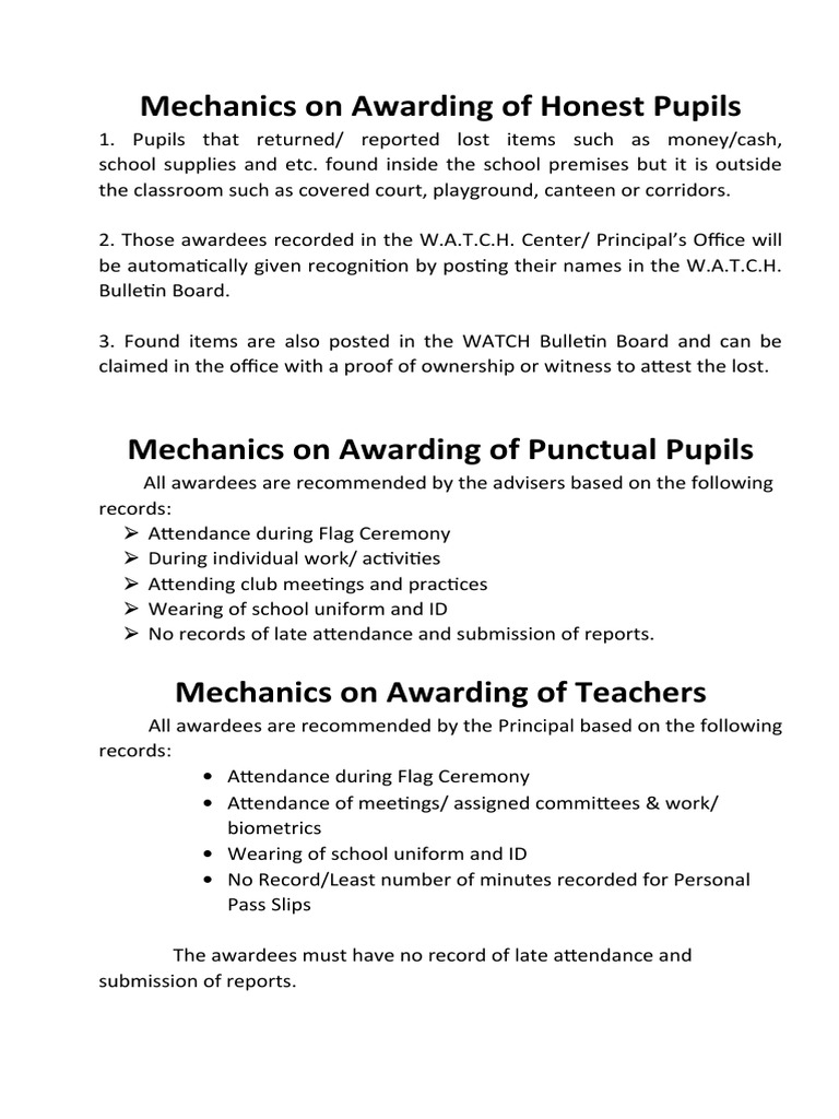 Mechanics On Awarding of Honest Pupils | PDF