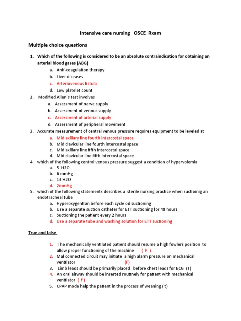 ICU Nursing MCQs and Exam Questions | PDF | Science & Mathematics