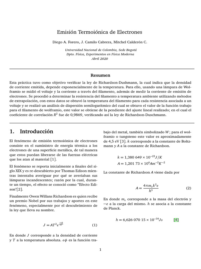 Emisión Termoiónica de Electrones | PDF | Resistencia Eléctrica y ...