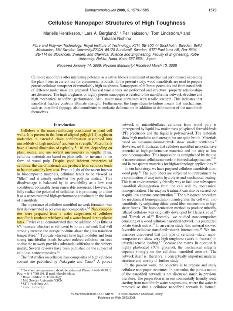 Cellulose Nanopaper Structures of High Toughness PDF | PDF | Strength ...