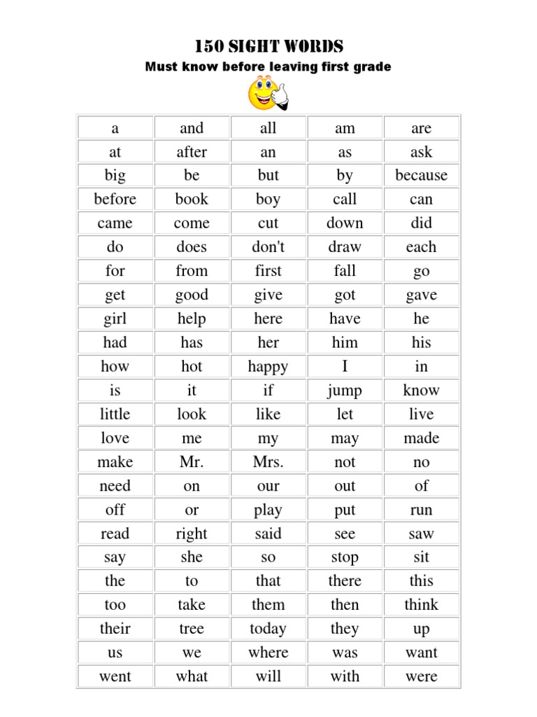 150 Sight Words: Must Know Before Leaving First Grade | PDF