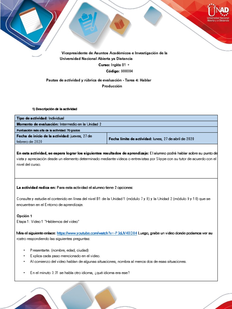 Task 4 Activities Guide and Evaluation Rubric - Unit 2 - Task 4 - Speaking Production - En.es ...