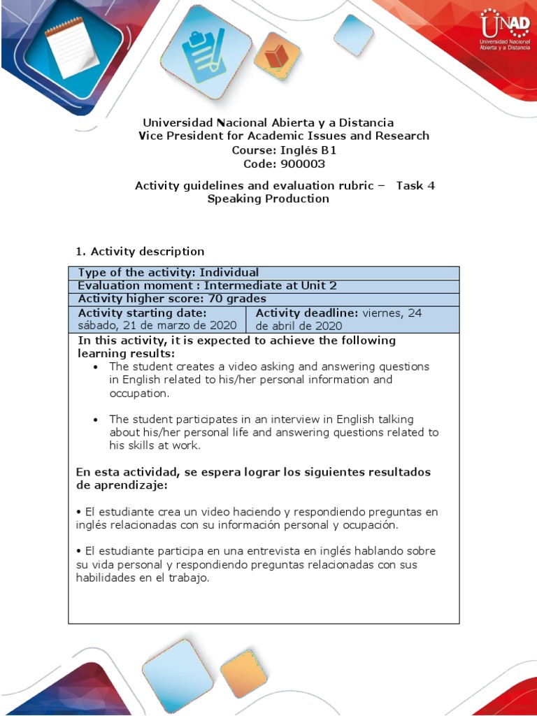 Activities Guide and Evaluation Rubric - Unit 2 - Task 4 - Speaking Production | PDF ...