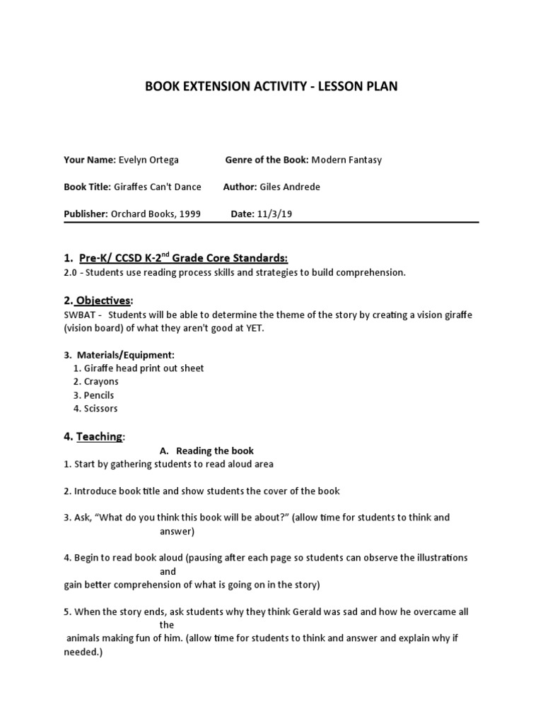 Giraffes Cant Dance Activity Lesson Plan 1 | PDF