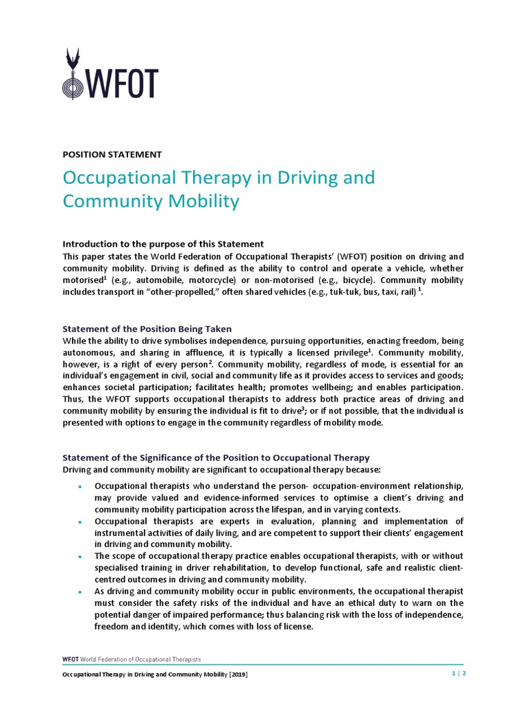 Occupational Therapy in Driving and Community Mobility: Position ...
