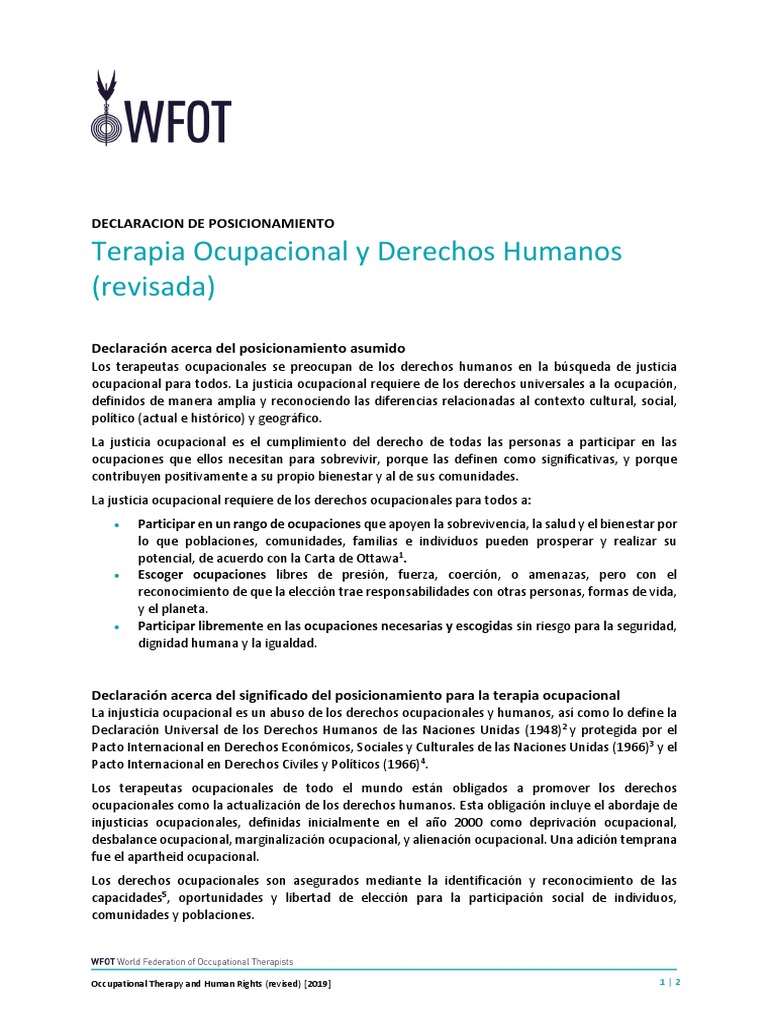 WFOT Position Statement Occupational Therapy and Human Rights Revised ... WFOT Position Statement Occupational Therapy and Human Rights Revised ...