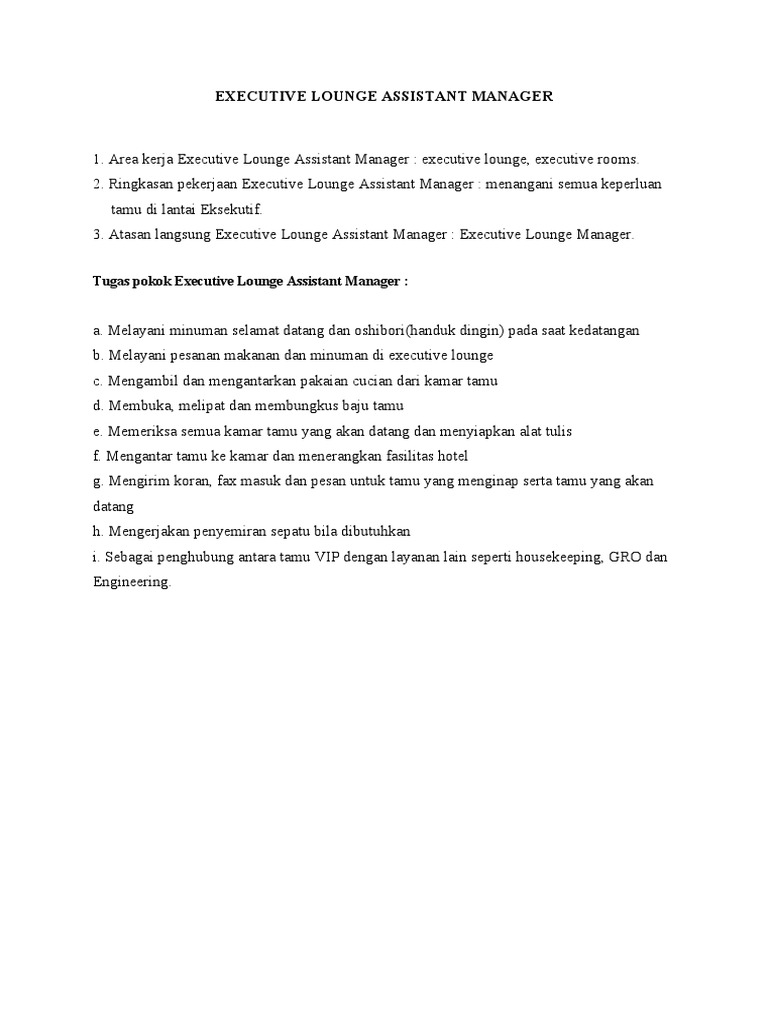 Executive Lounge Assistant Manager Pdf