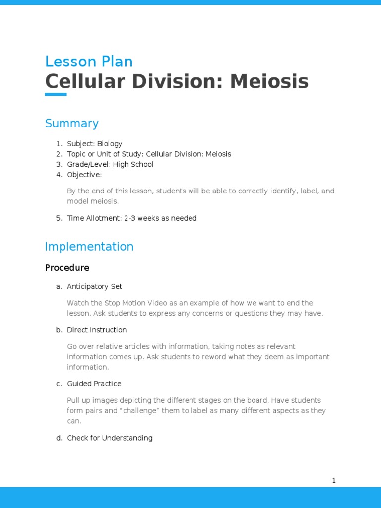 Cellular Division: Meiosis: Lesson Plan | PDF | Multiple Choice | Meiosis