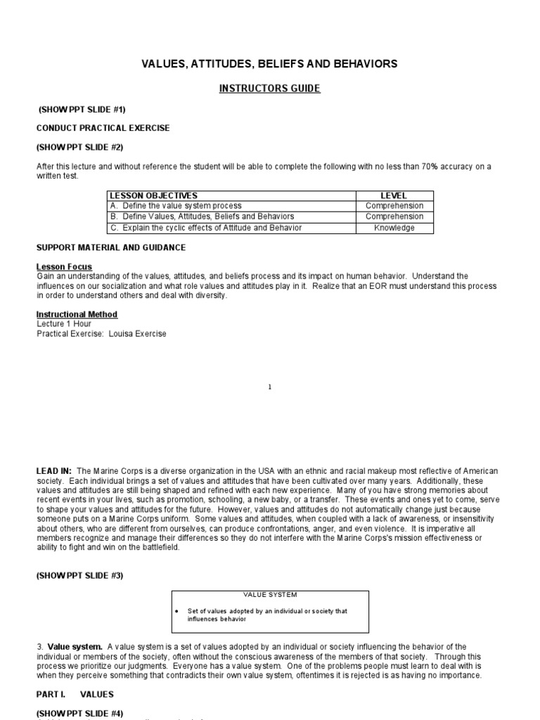 Values, Attitudes, Beliefs and Behaviors: Instructors Guide | PDF ...