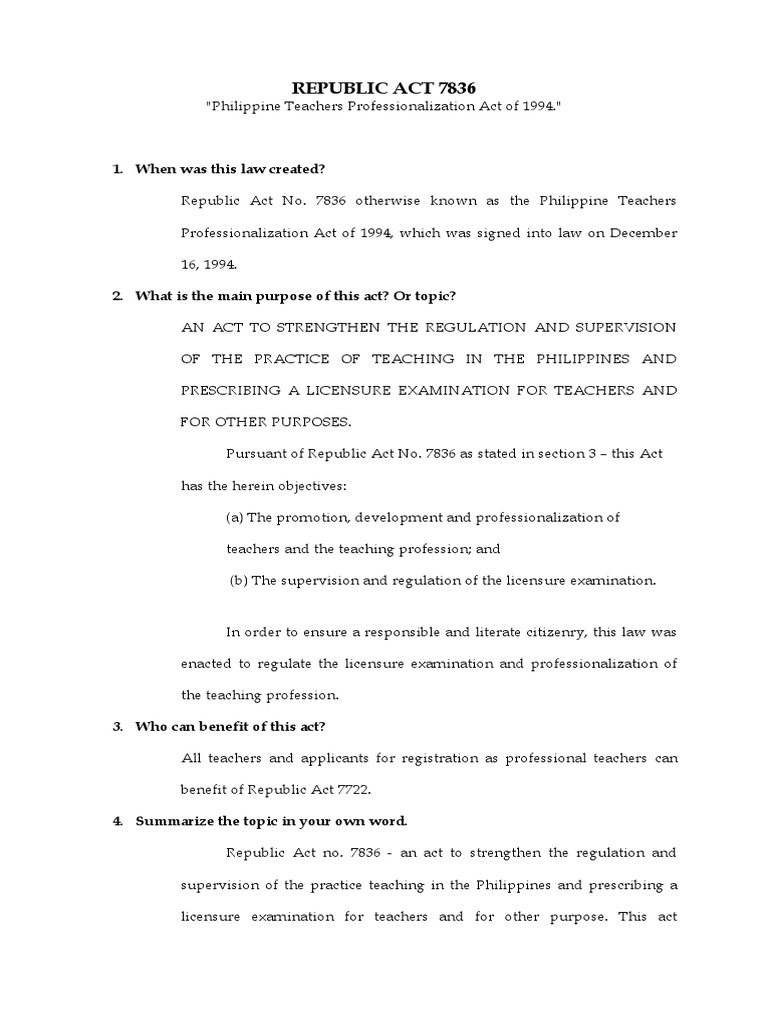 R.A. 7836 | PDF | Licensure | Teachers