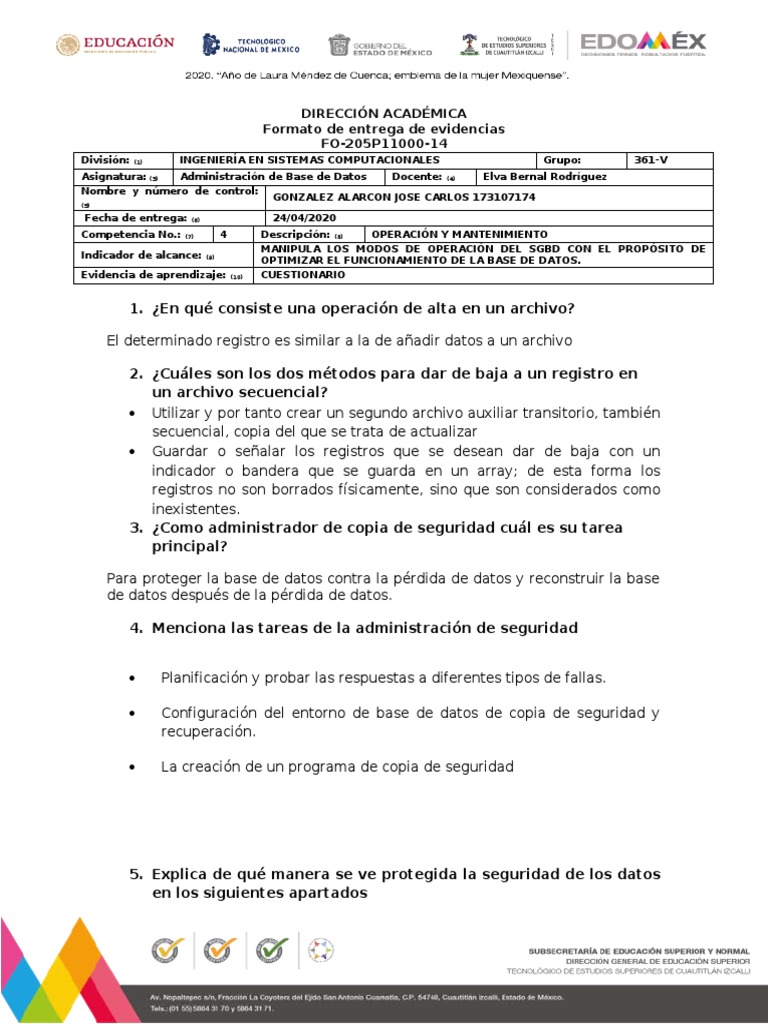 Modos de Operacion de Una Base de Datos | PDF | Apoyo | Bases de datos