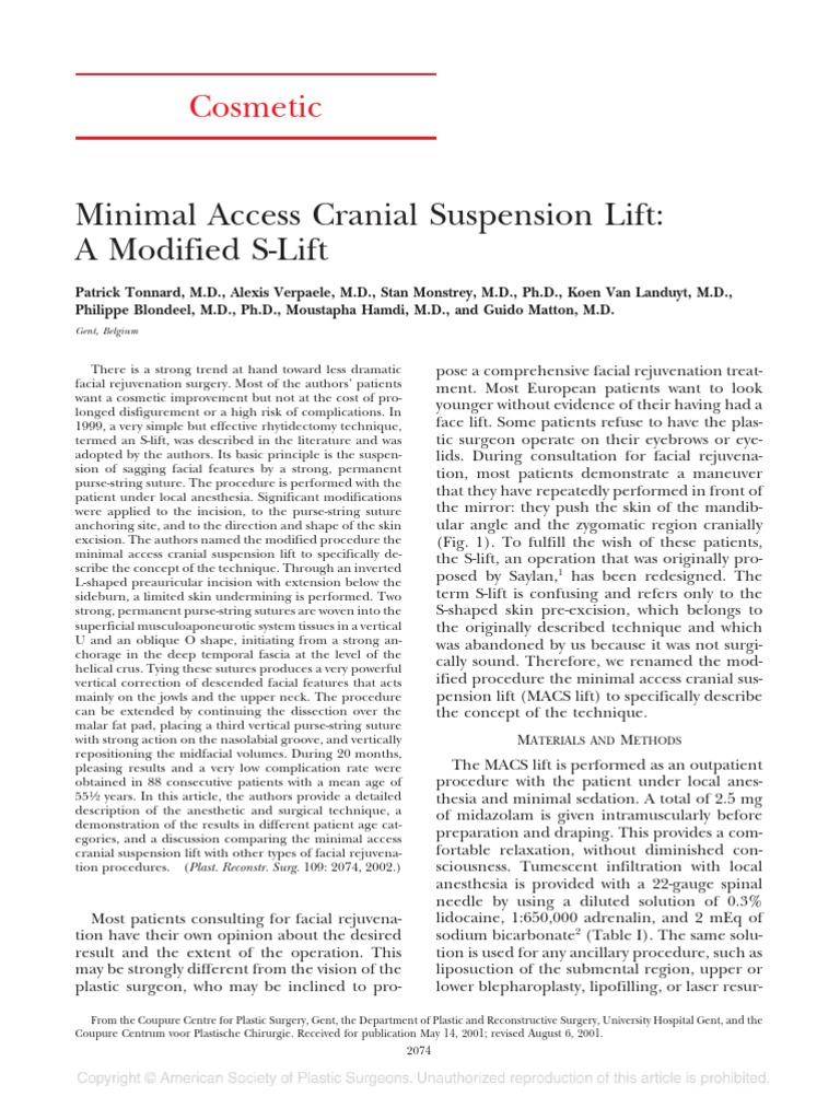 Cosmetic: Minimal Access Cranial Suspension Lift: A Modified S-Lift ...