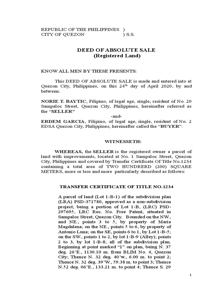 A - Deed of Absolute Sale | PDF | Land Lot | Real Property Law
