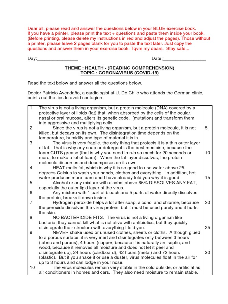 Theme: Health - (Reading Comprehension) Topic: Coronavirus (Covid-19 ...