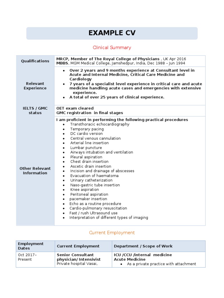 Example CV: Clinical Summary | PDF | Intensive Care Unit | Intensive ...