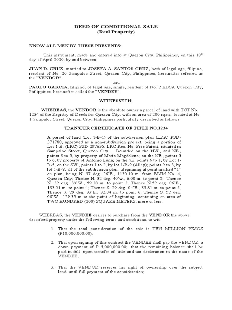 Deed of Conditional Sale | PDF | Land Lot | Property Law