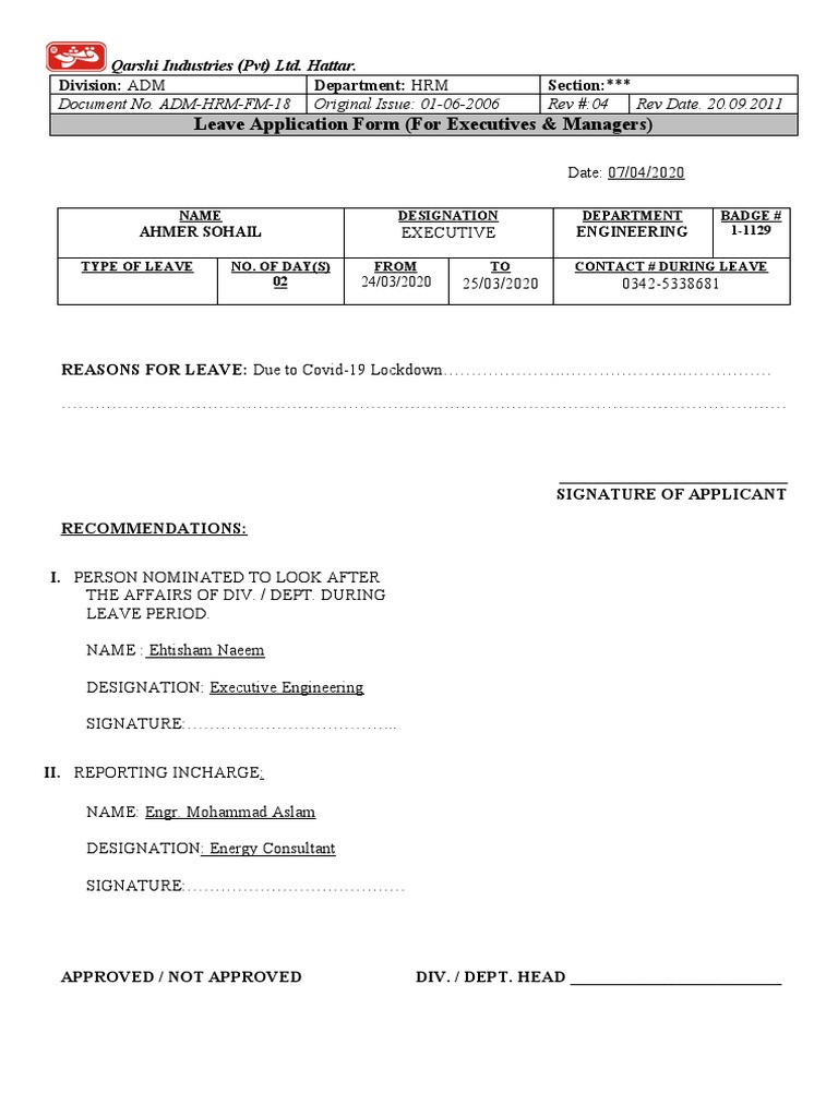 ADM-PSL-FM-18 Application Form of Executives & Managers (72.5.2.2) | PDF