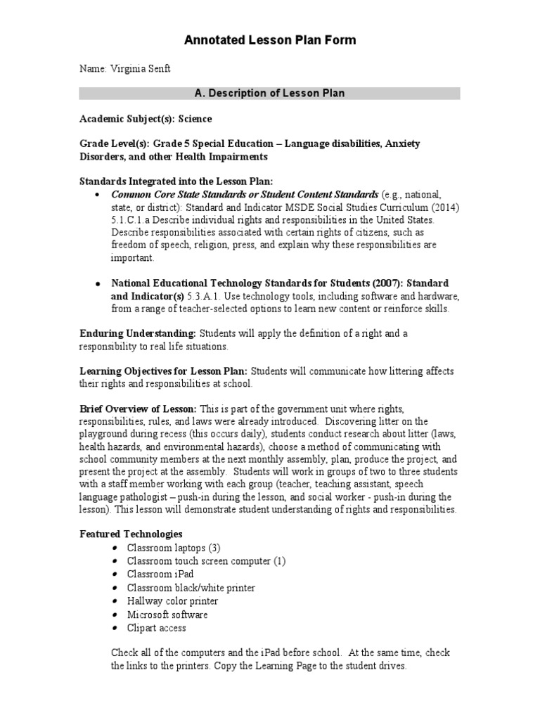 Annotated Lesson Plan Form | PDF | Lesson Plan | Special Education