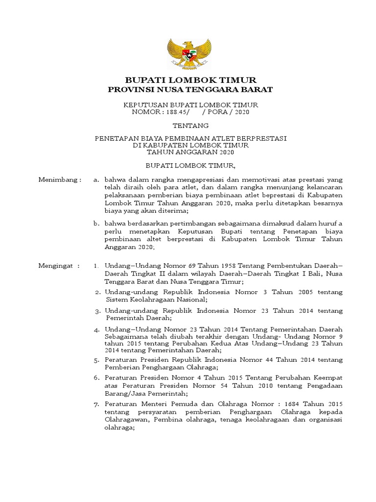 SK BUPATI Tentang Hadiah Bagi Atlit Berprestasi | PDF