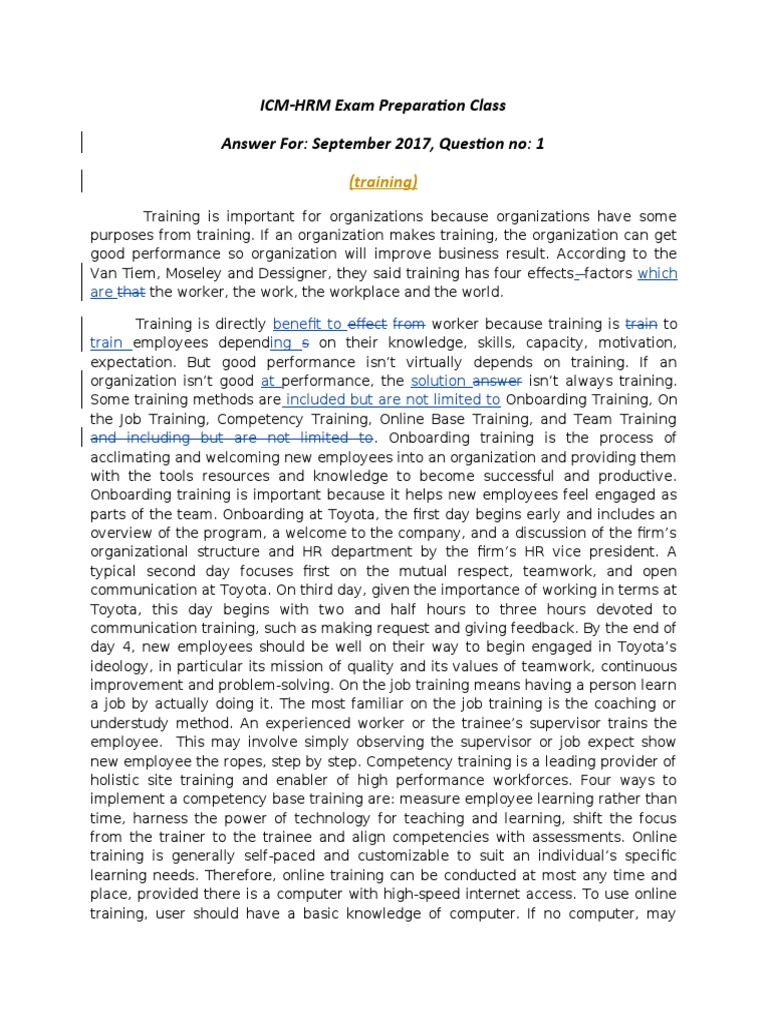 ICM-HRM Exam Preparation Class Answer For: September 2017, Question No ...