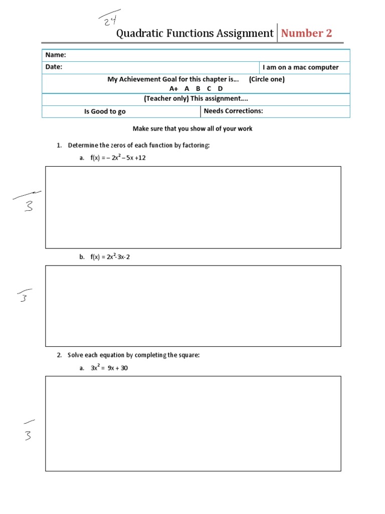Quadratic Functions Assignment: Number 2 | PDF | Quadratic Equation | Applied Mathematics