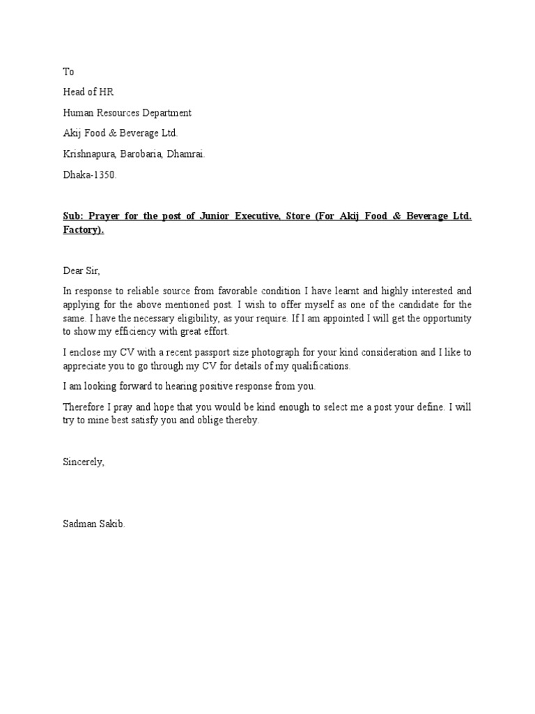 Sub: Prayer For The Post of Junior Executive, Store (For Akij Food ...