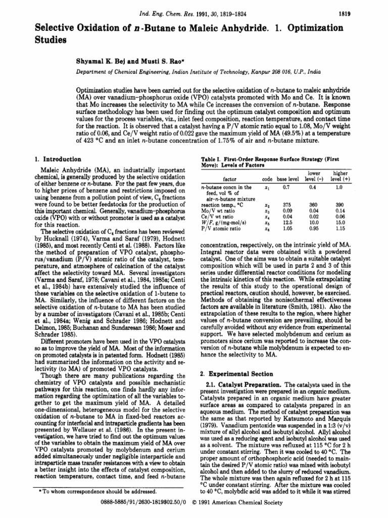 Selective Oxidation of N - Butane Maleic Anhydride. Optimization Studies | PDF | Errors And ...