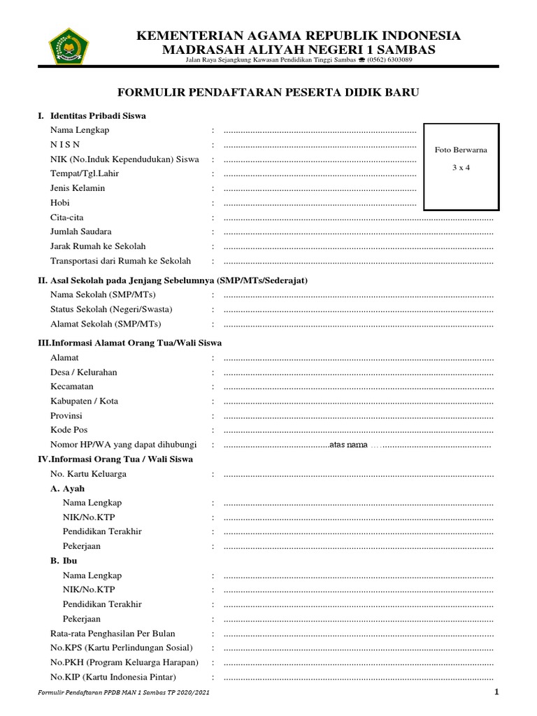 Formulir Pendaftaran PPDB MAN 1 Sambas TP 2020/2021 | PDF