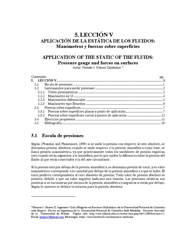 5 Manometria y Fuerzas Sobre Superficies3 PDF | PDF | Medida de presión ...