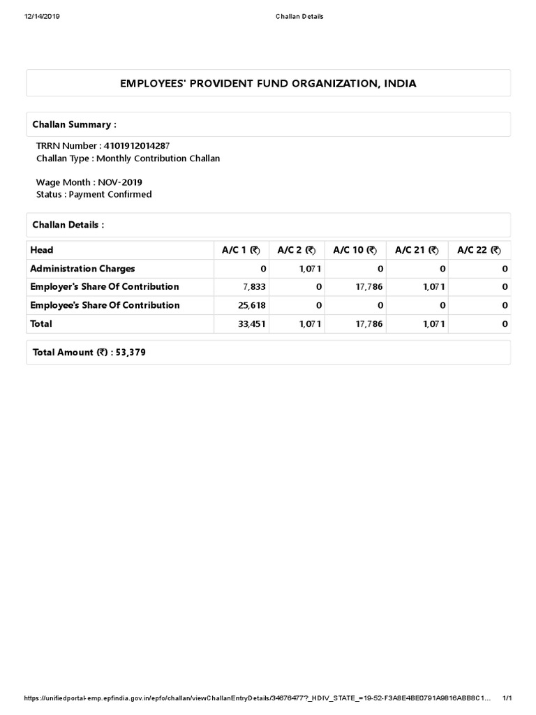 EPFO Monthly Contribution Challan Summary | PDF | Finance & Money ...