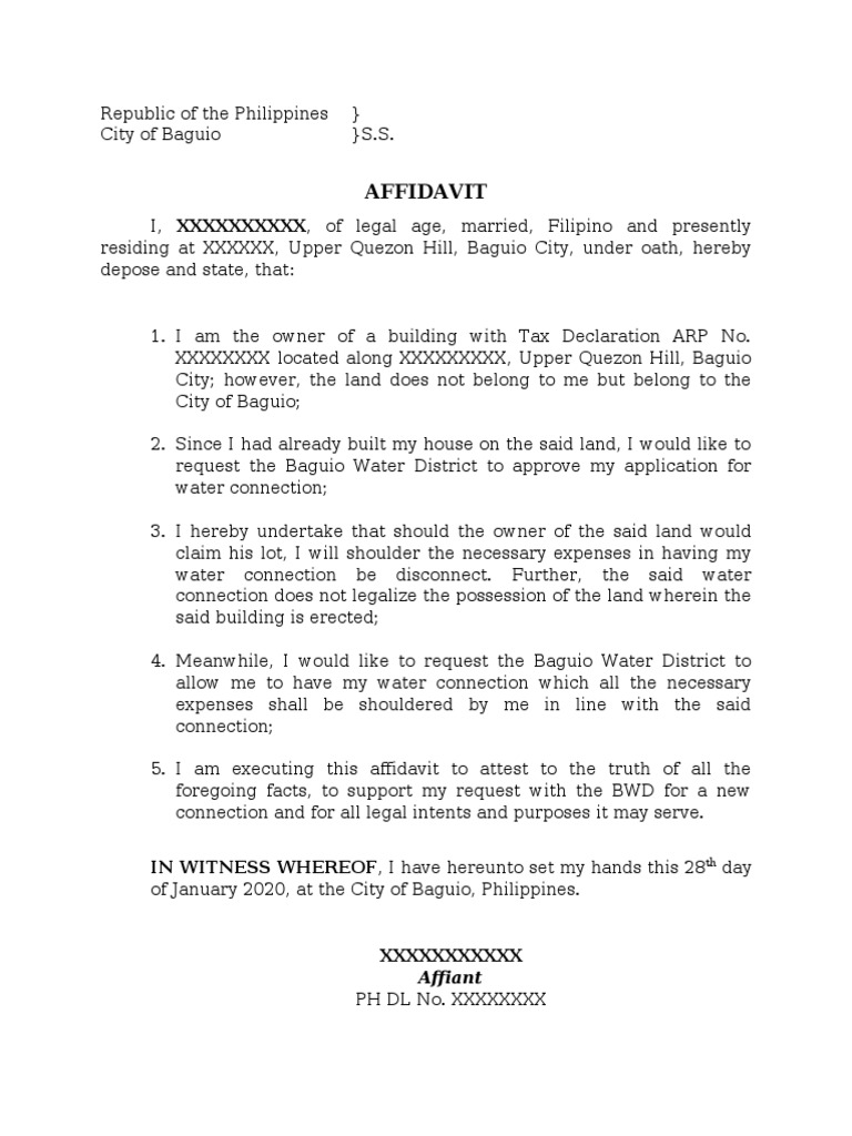 Affidavit for Baguio Water Connection | PDF | Finance & Money ...