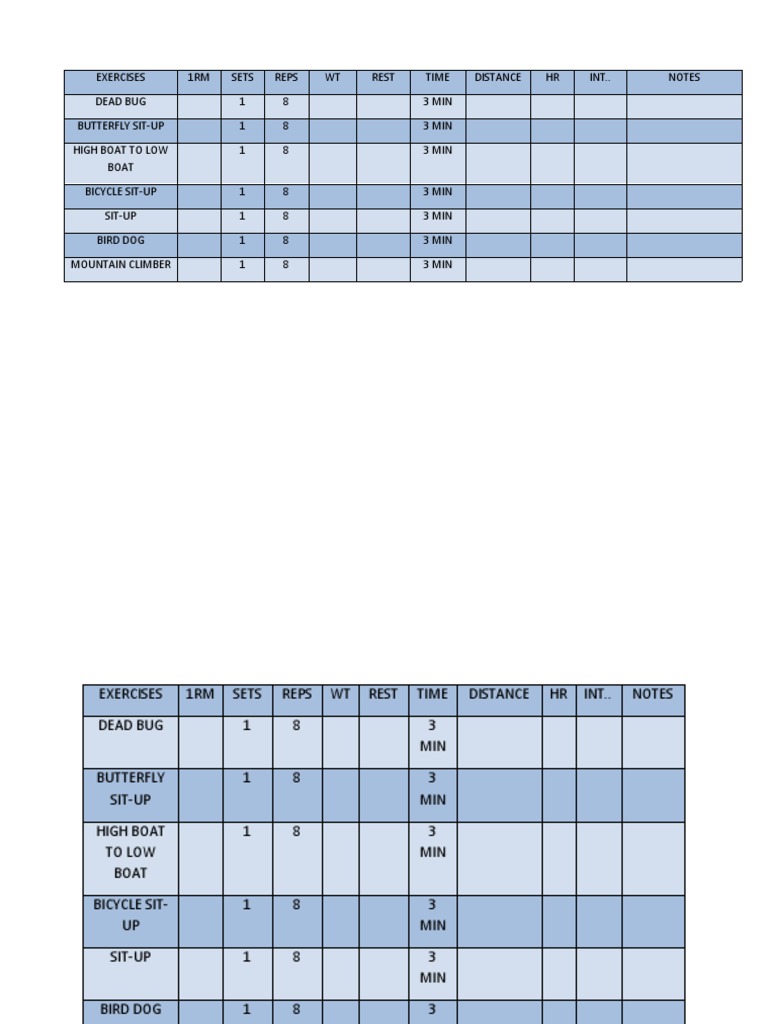 Exercises 1RM Sets Reps WT Rest Time Distance HR INT.. Notes Dead Bug 1 ...